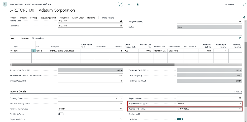 Apply credit memo to return invoice in BC - Boyer & Associates